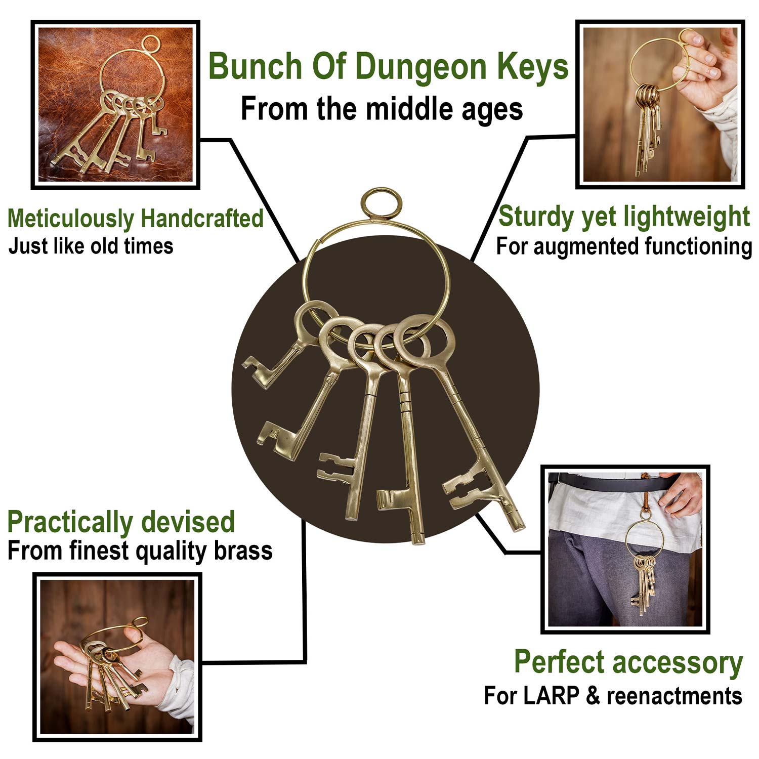 Decorative Brass Dungeon Keys – LARP, Cosplay & Reenactment Set – Calimacil