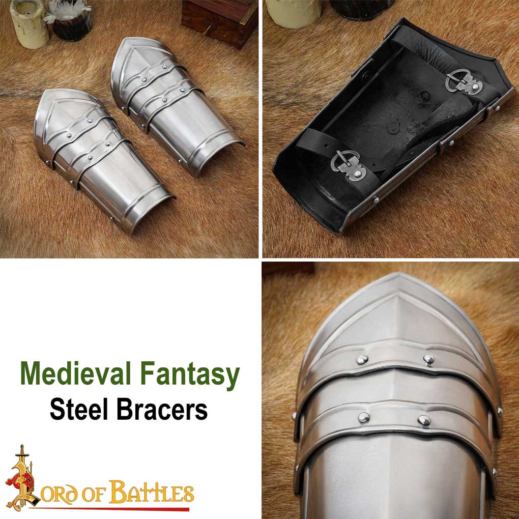 Medieval Fantasy Bracers - Polished Steel LARP Arm Armor – Calimacil