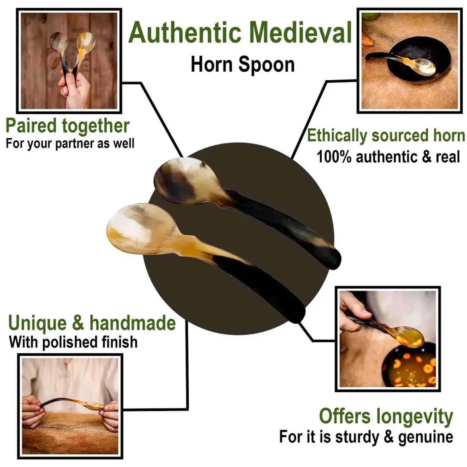 Royal Viking Horn Spoon Set – Handcrafted Dining Utensils (Set of 2 ...